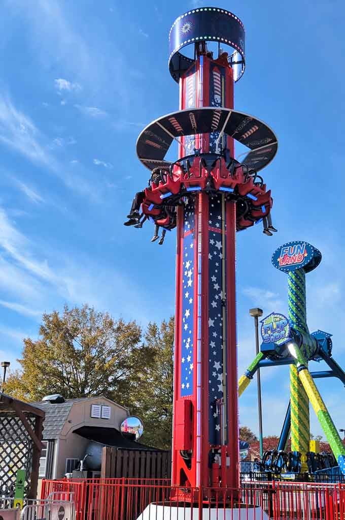 The drop tower outside proves that some people's idea of fun involves voluntary terror, and honestly, respect for that commitment.