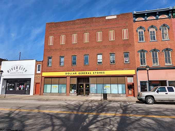 Modern commerce meets historic architecture downtown, where everyday life unfolds against a backdrop of preserved American heritage.