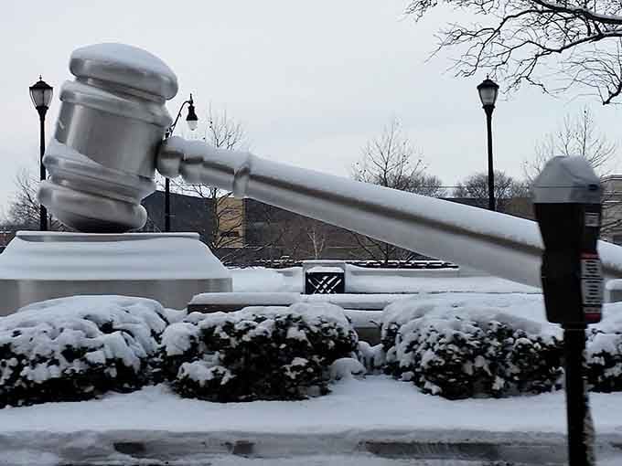 Winter turns the gavel into a frosted monument, proving that justice never takes a snow day in Ohio.