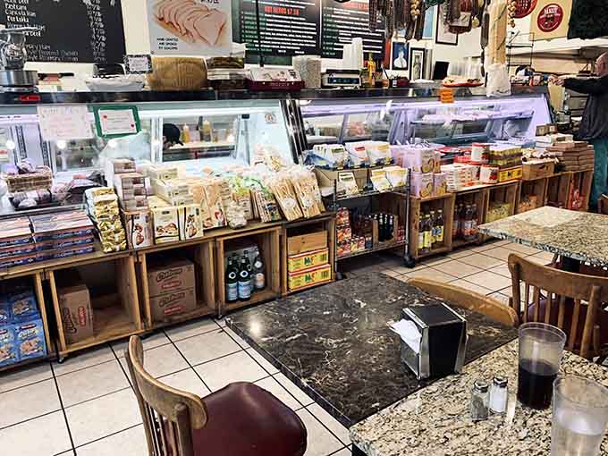 Cozy seating surrounded by Italian imports and specialty products. Eat your sandwich while planning your next Italian pantry shopping spree.