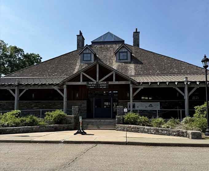 The visitor center welcomes you with that classic Connecticut state park architecture and all the information you'll need.