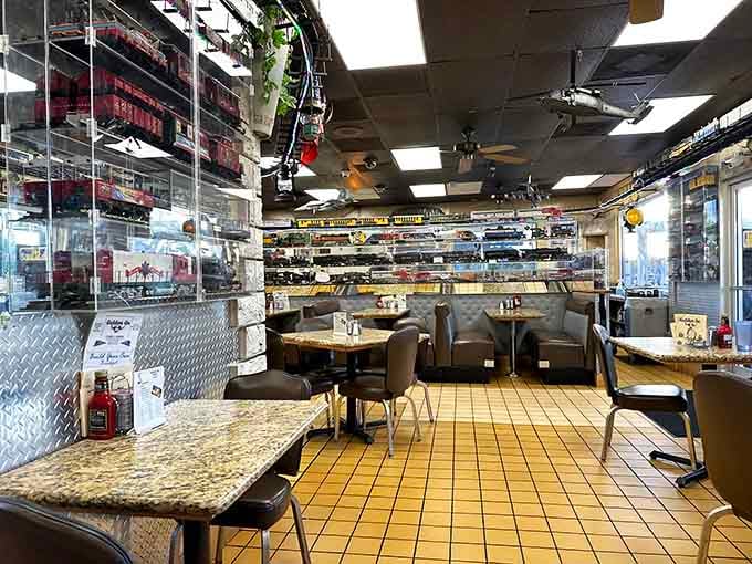 Overhead tracks wind through the dining room like a miniature transcontinental railroad, minus the actual cross-country travel time and ticket prices.