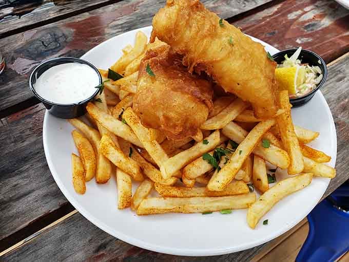 Beer-battered fish and chips served up hot proves that landlocked Kentucky knows its way around seafood too.