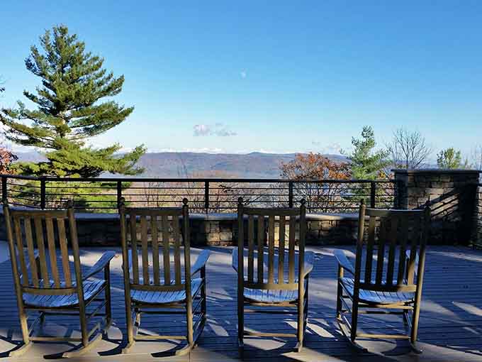 Rocking chairs with mountain views: proof that sometimes the best adventures involve just sitting and looking.