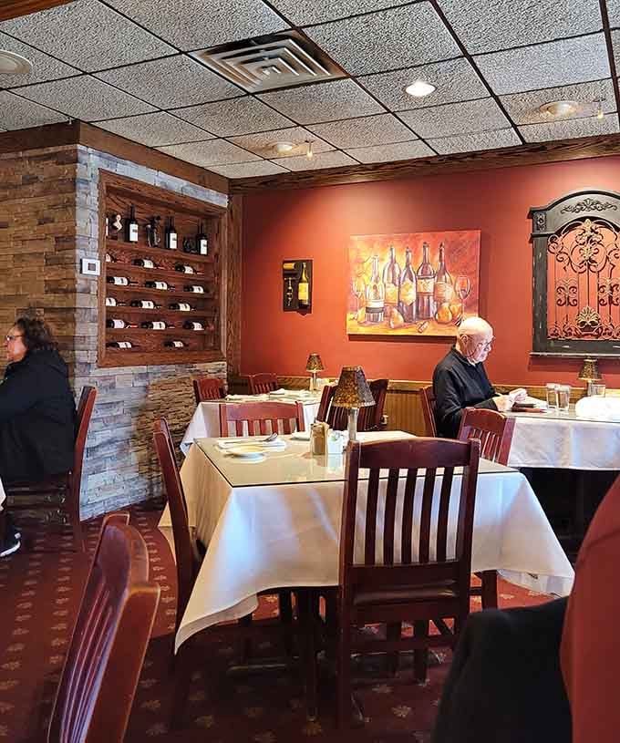 Wine displays and warm lighting create a dining room that's inviting whether you believe in ghosts or not.