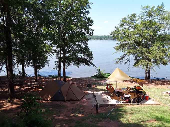 Lakeside camping puts you so close to the water you can hear it whispering suggestions about quitting your job.