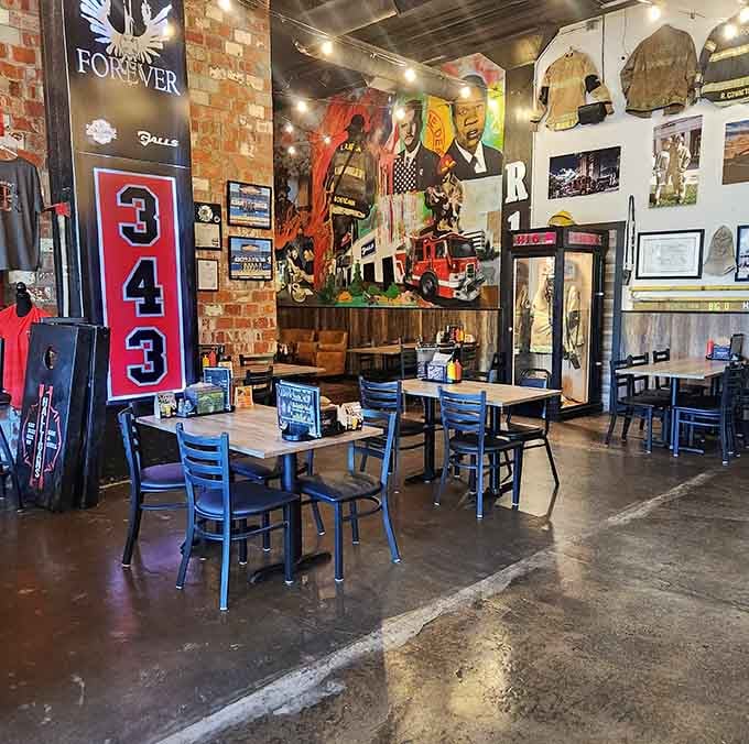 Exposed brick, firefighting memorabilia, and warm lighting blend into a space that feels both nostalgic and refreshingly modern throughout.