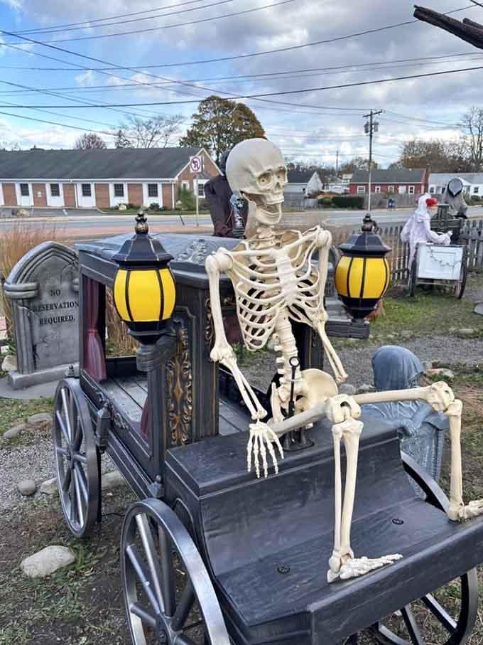 A skeleton riding a carriage outside reminds you this restaurant takes its theme seriously, even in the parking area.