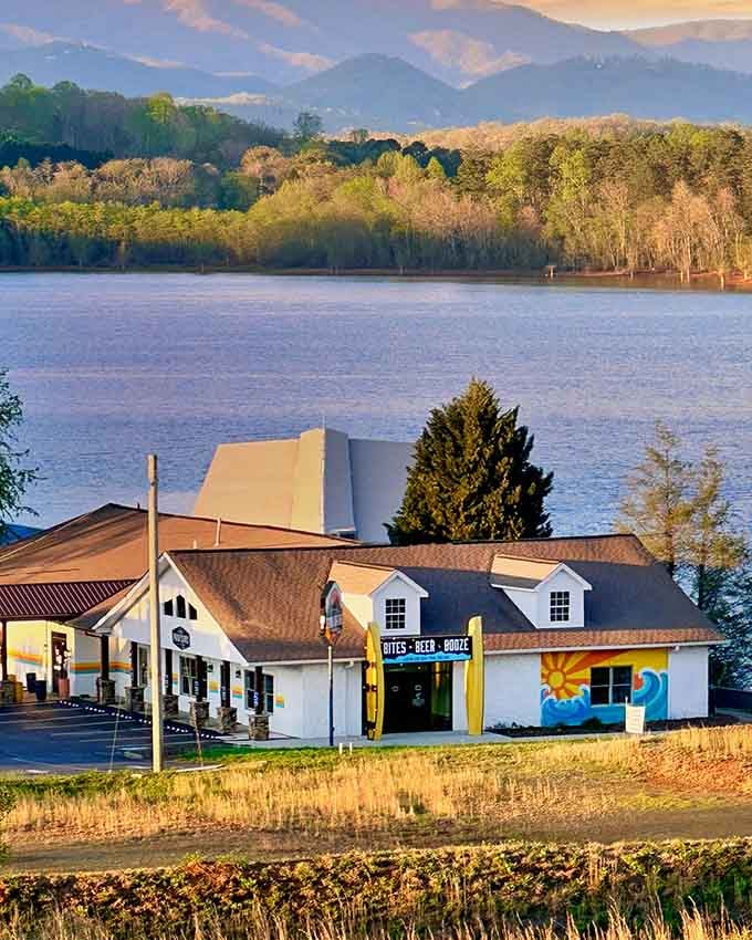 Lakeside shops catch the golden hour glow, reminding you that small-town commerce still has its charm and character intact.