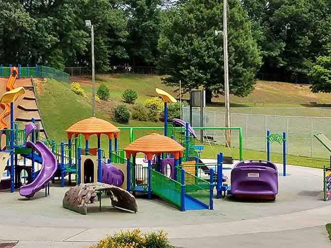 Colorful playground equipment at Kiwanis Park means grandkids will beg to visit your affordable retirement town regularly.