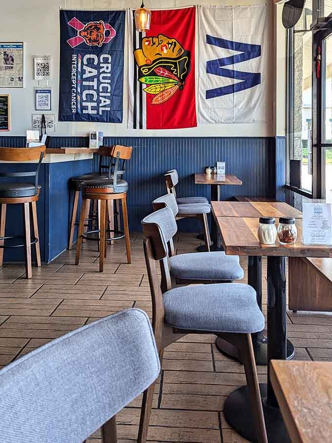 Chicago sports flags hanging proud, creating atmosphere that transports you straight to the Windy City vibe.