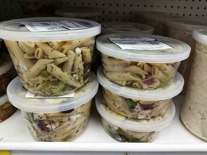 Greek pasta salad ready to go, because sometimes you need vegetables to balance out all those cinnamon rolls.
