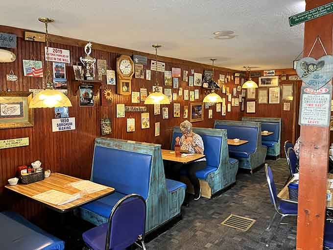 Blue vinyl booths lined with local memorabilia make every meal feel like a trip down memory lane.