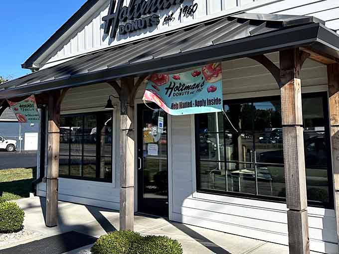 The welcoming entrance with its timber accents says "come on in" while your willpower weakly whispers "maybe just one dozen."