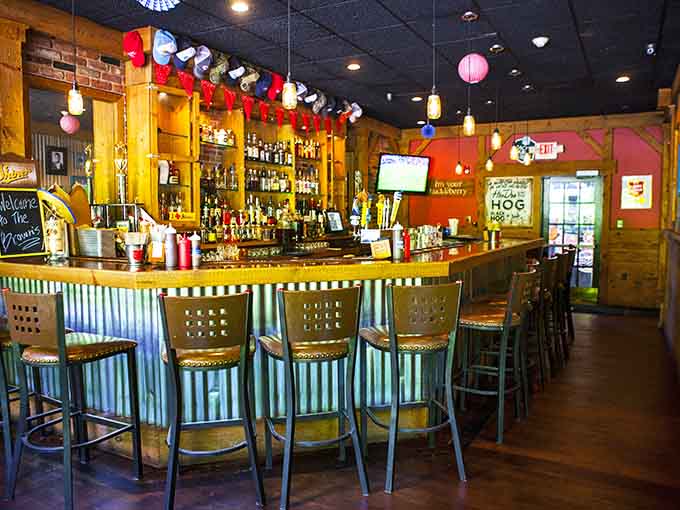 The bar area offers liquid refreshments to complement your meat feast, because hydration is important during marathon eating sessions.