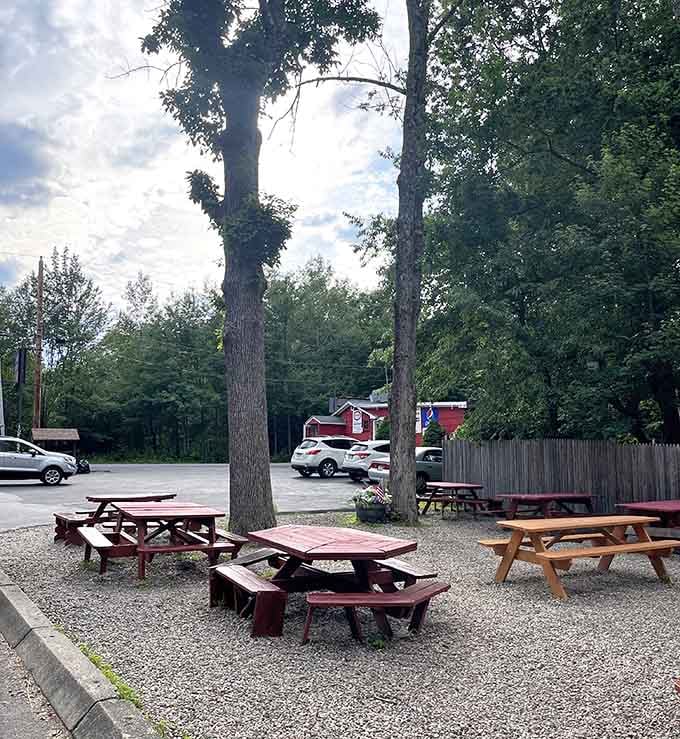 These weathered picnic tables have hosted more celebrations than you can count, and they're ready for yours.