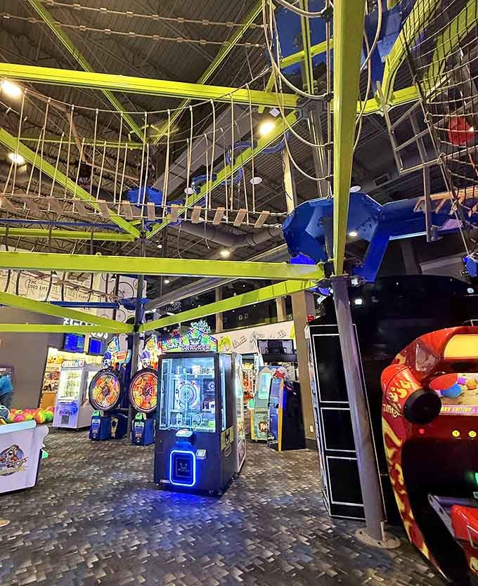 That suspended obstacle course looks like something from American Ninja Warrior, minus the network cameras and pressure.