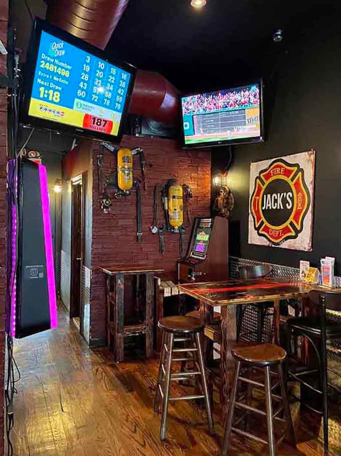 Cozy tables and vintage fire equipment create the perfect backdrop for your next meal with friends or family.