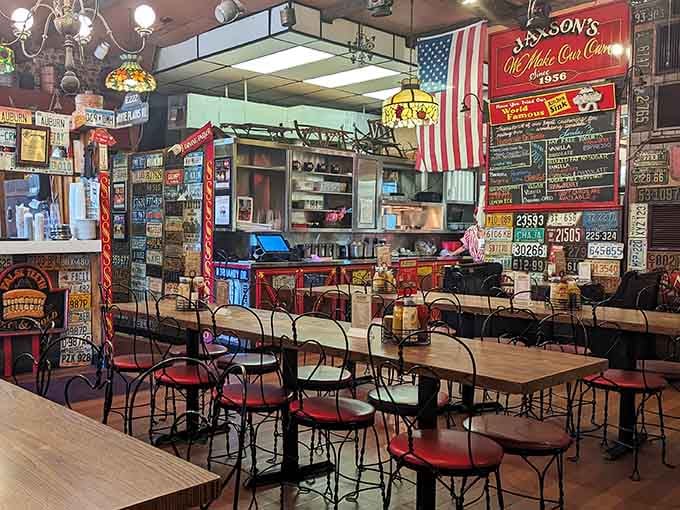 Mismatched seating that somehow works perfectly, like a family reunion where everyone actually gets along.