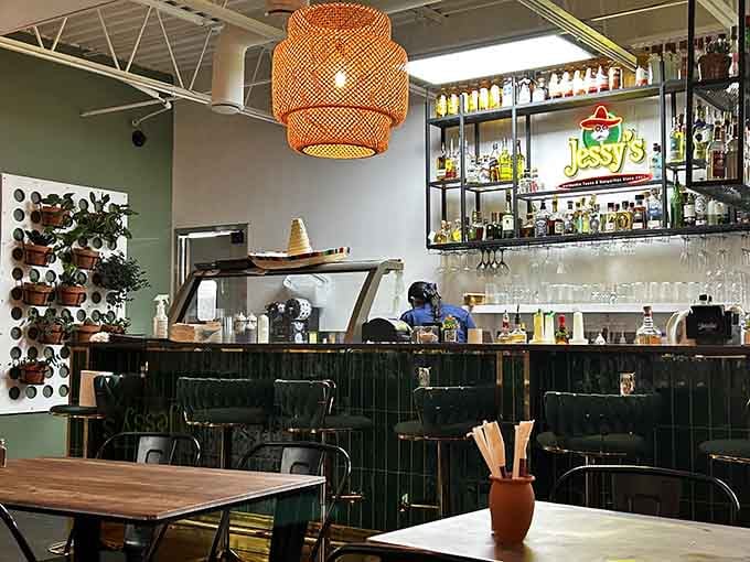 The bar area with its green tile and well-stocked shelves shows this place takes its tequila selection seriously.
