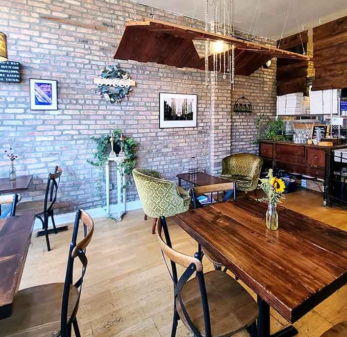 Patterned chairs and warm wood tones make this space feel like your stylish friend's living room, chocolate included.