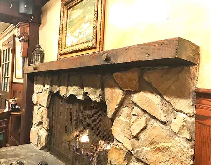 Crackling fire and wooden beams create ambiance that makes you want to settle in with a good book.