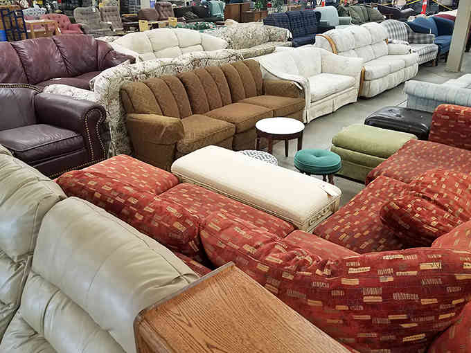 A sea of sofas in every color and style imaginable makes furniture shopping feel like an adventure rather than a chore.