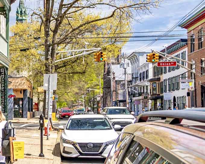 Union Street stretches through downtown where traffic moves slowly enough that pedestrians actually have the right of way.
