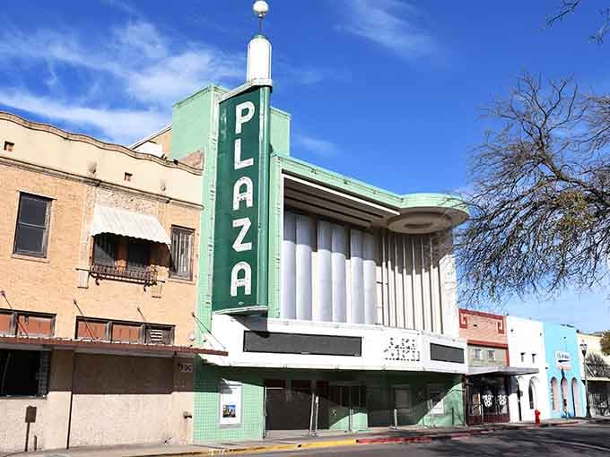 The Plaza Theatre's Art Deco marquee stands as a mint-green monument to Laredo's rich entertainment history and cultural pride.