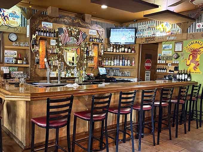 That well-stocked bar promises cold drinks and warm conversation after a long drive through beautiful country.