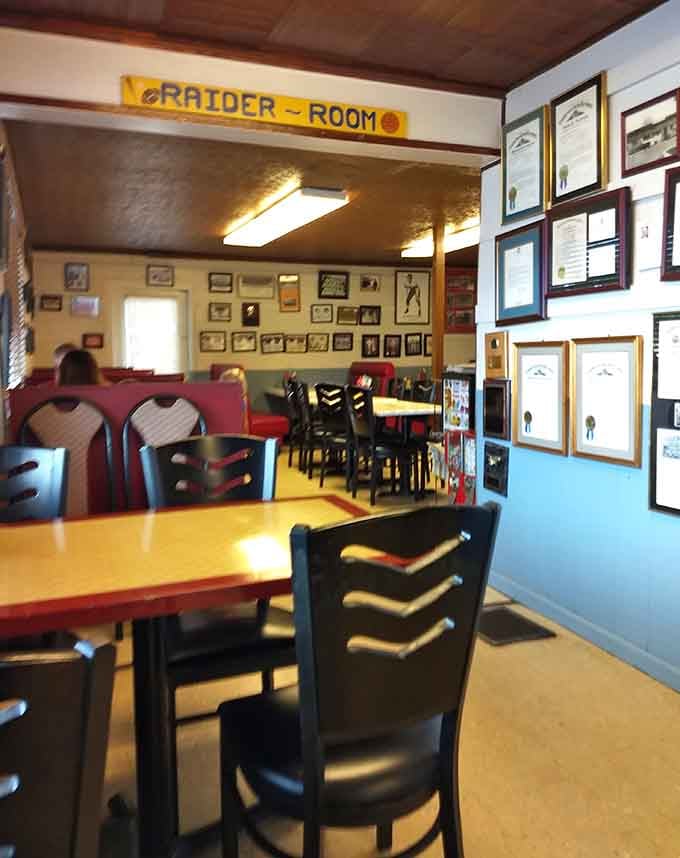Yellow tables and red booths create that classic diner color scheme that never goes out of style.