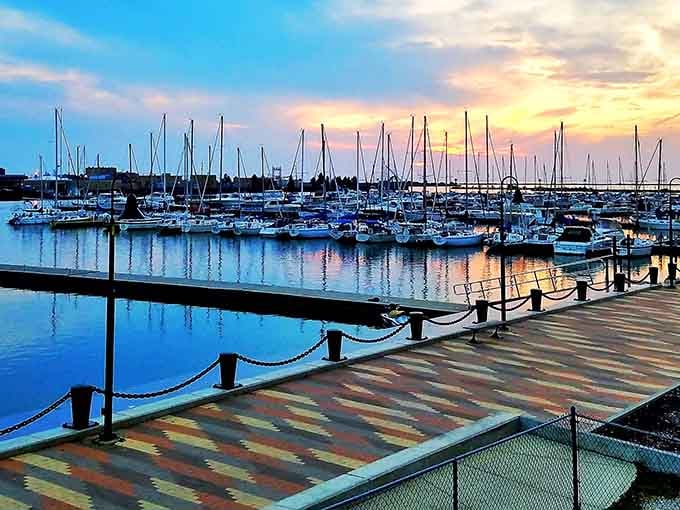Lorain Marina's sunset reflections create million-dollar views available to regular people living on reasonable budgets here.