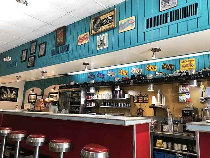 Chrome stools line the counter where you can watch the action while enjoying breakfast like a true regular.