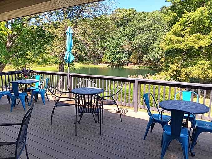 Deck chairs overlook peaceful water, offering the kind of view that makes you understand why people write poetry about simpler times.