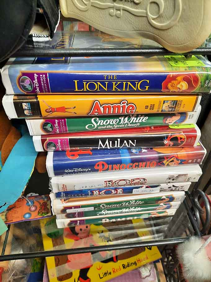 VHS tapes stacked high, reminding us when rewinding was part of the movie-watching experience we accepted.