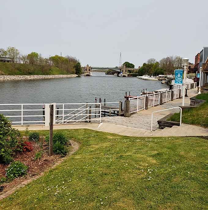 Overcast days bring their own moody beauty to the riverwalk, proving Michigan weather has its charms in every season.
