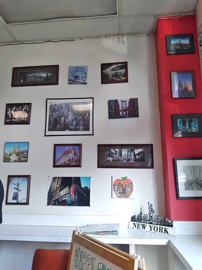 Wall photos add character and charm, giving the space personality while you wait for your breakfast masterpiece.