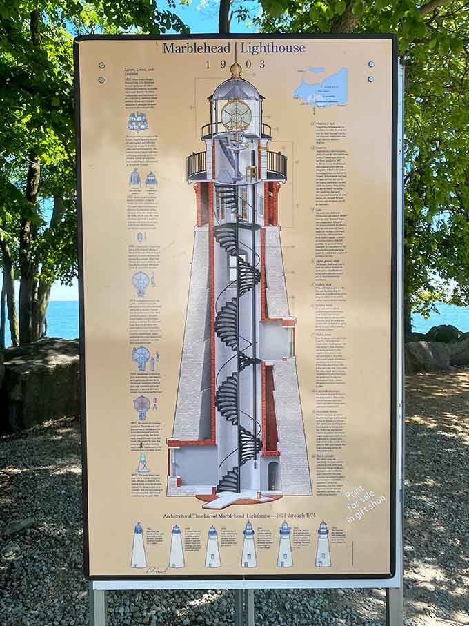 That cutaway diagram reveals the lighthouse's inner workings, 77 spiral steps leading to spectacular views above the lake.