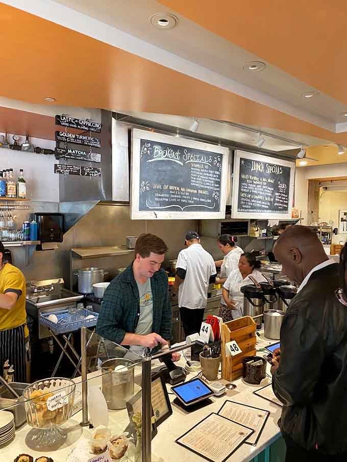 The open kitchen concept lets you watch the breakfast magic happen in real-time, which is either reassuring or intimidating depending on perspective.