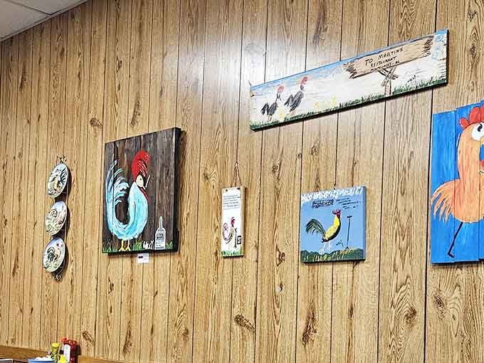 Whimsical rooster art decorating the walls adds personality and charm, reminding you this is a place with soul and character to spare.