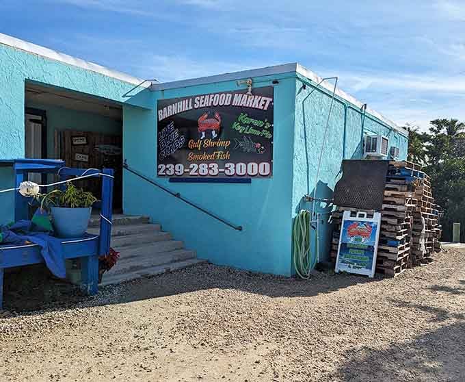 Stacked lobster traps and turquoise walls signal fresh seafood so close to the source it's practically still swimming.