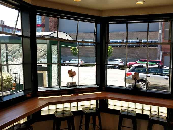 Window seats offer prime people-watching real estate while you contemplate the delicious mess you're about to make eating here.