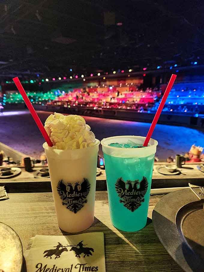 Brightly colored drinks that glow like potions, because staying hydrated during a tournament requires a little theatrical flair always.