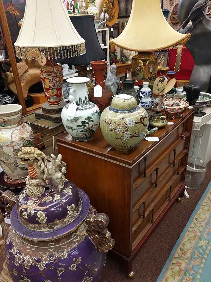 Asian-inspired lamps and ornate furniture prove that good taste transcends both decades and continents with surprising elegance.