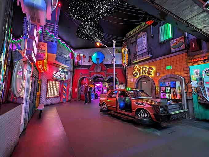 This cyberpunk street scene captures that perfect blend of retro futurism and "what were we thinking" aesthetic brilliance.