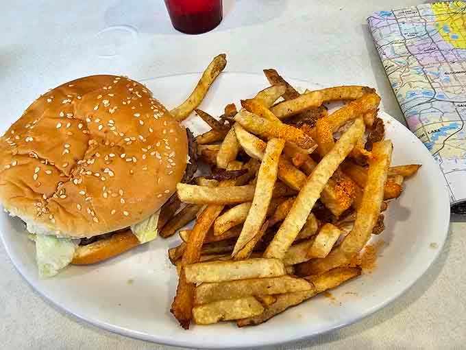 A burger and fries that understand their assignment perfectly, no fancy toppings needed to prove their worth here.