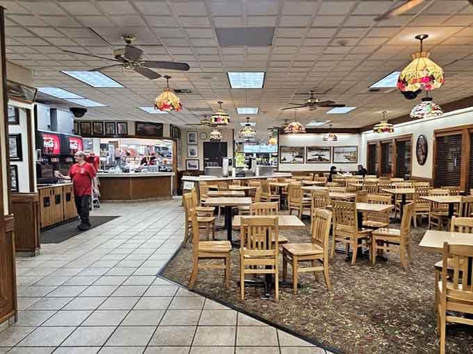 Spacious dining room with enough seating to accommodate the post-burger nap you'll inevitably need.