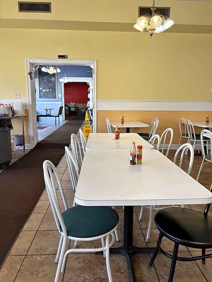 Long tables ready for lunch crowds who know exactly where they're heading when hunger strikes at noon on Tuesday.