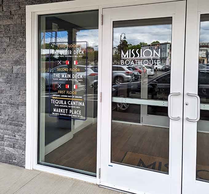 The entrance welcomes you to multiple floors of dining options, each one offering its own take on waterfront elegance.