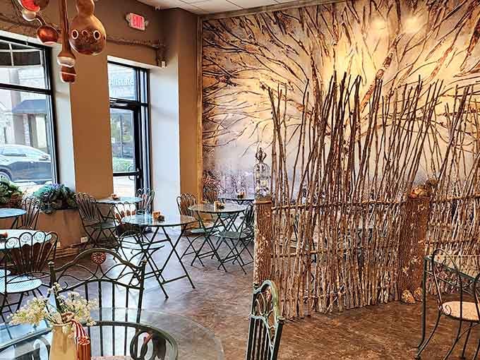 Rustic branches create natural dividers in this thoughtfully designed space where every corner offers something interesting to discover.